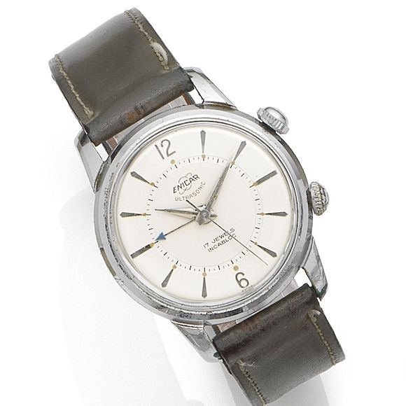 Bonhams : Enicar. A stainless steel manual wind alarm wristwatch ...