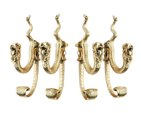 Bonhams : Two pairs of late 19th century brass serpent curtain tie ...