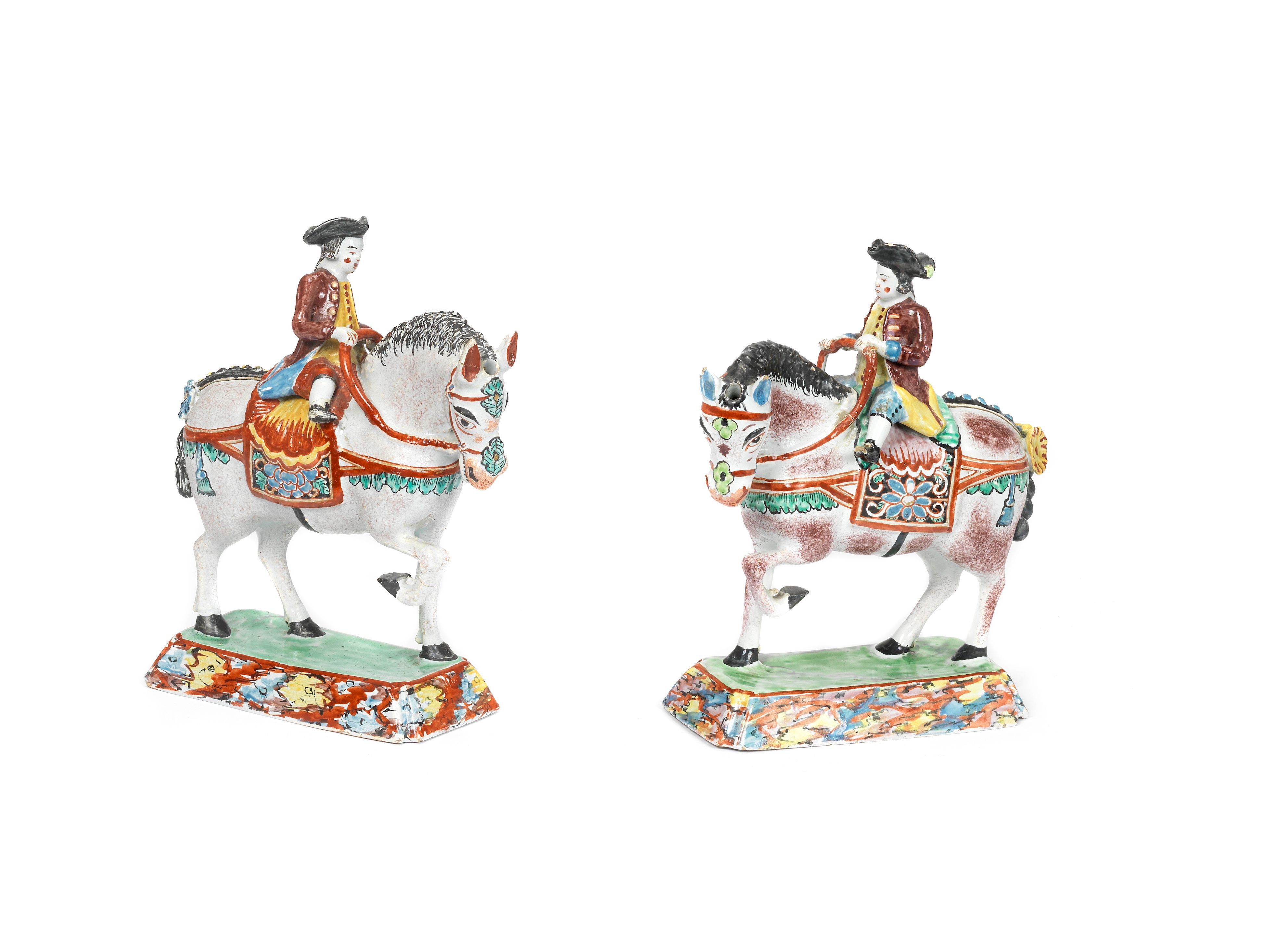 Bonhams : A pair of Dutch Delft equestrian figures, late 18th century