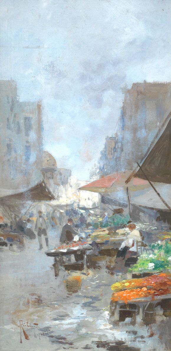 Bonhams : Oscar Ricciardi (Italian, 1864-1935) Street market, Naples; a ...
