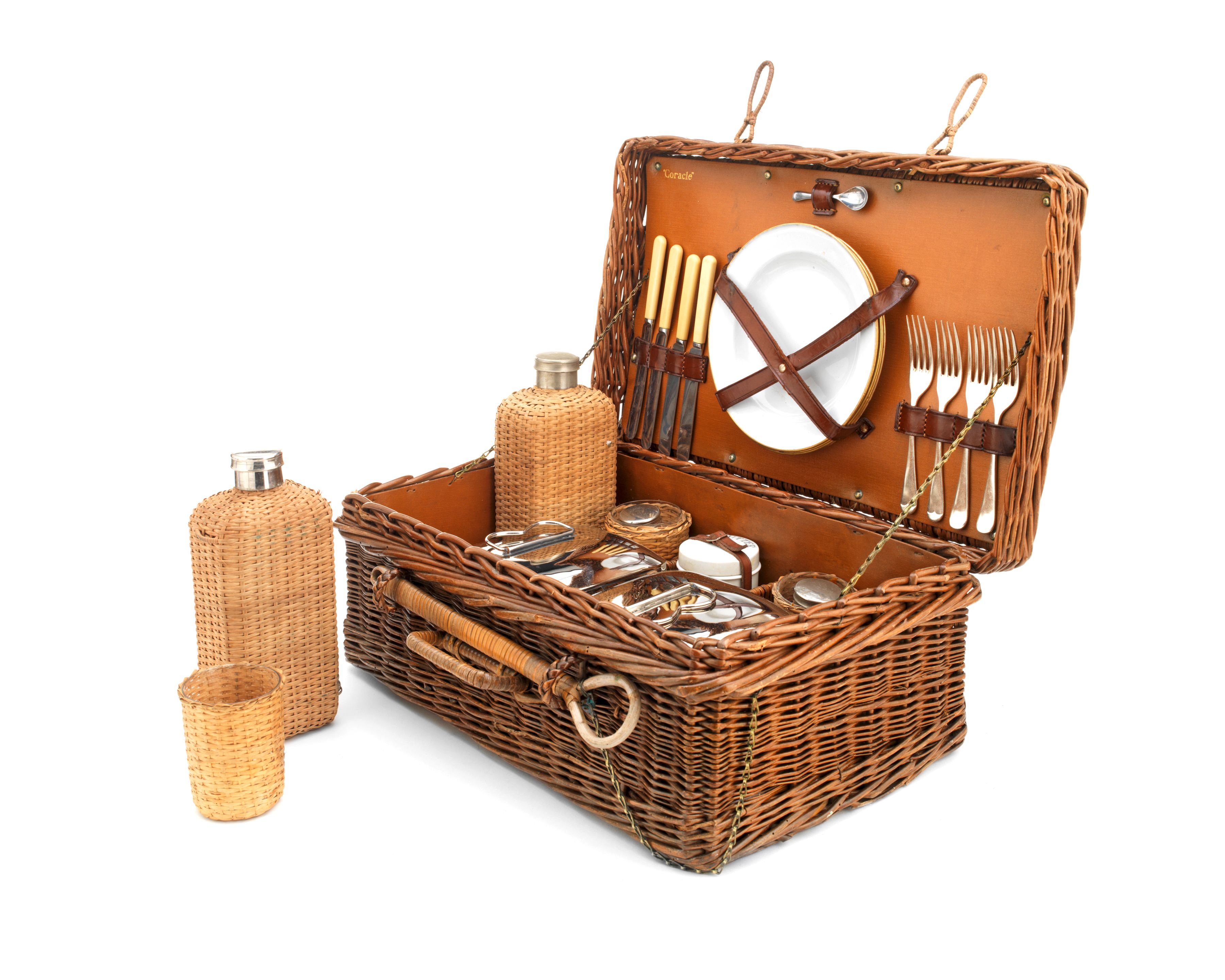 Bonhams Cars : A 'Coracle' wicker-cased picnic set for four persons, by ...