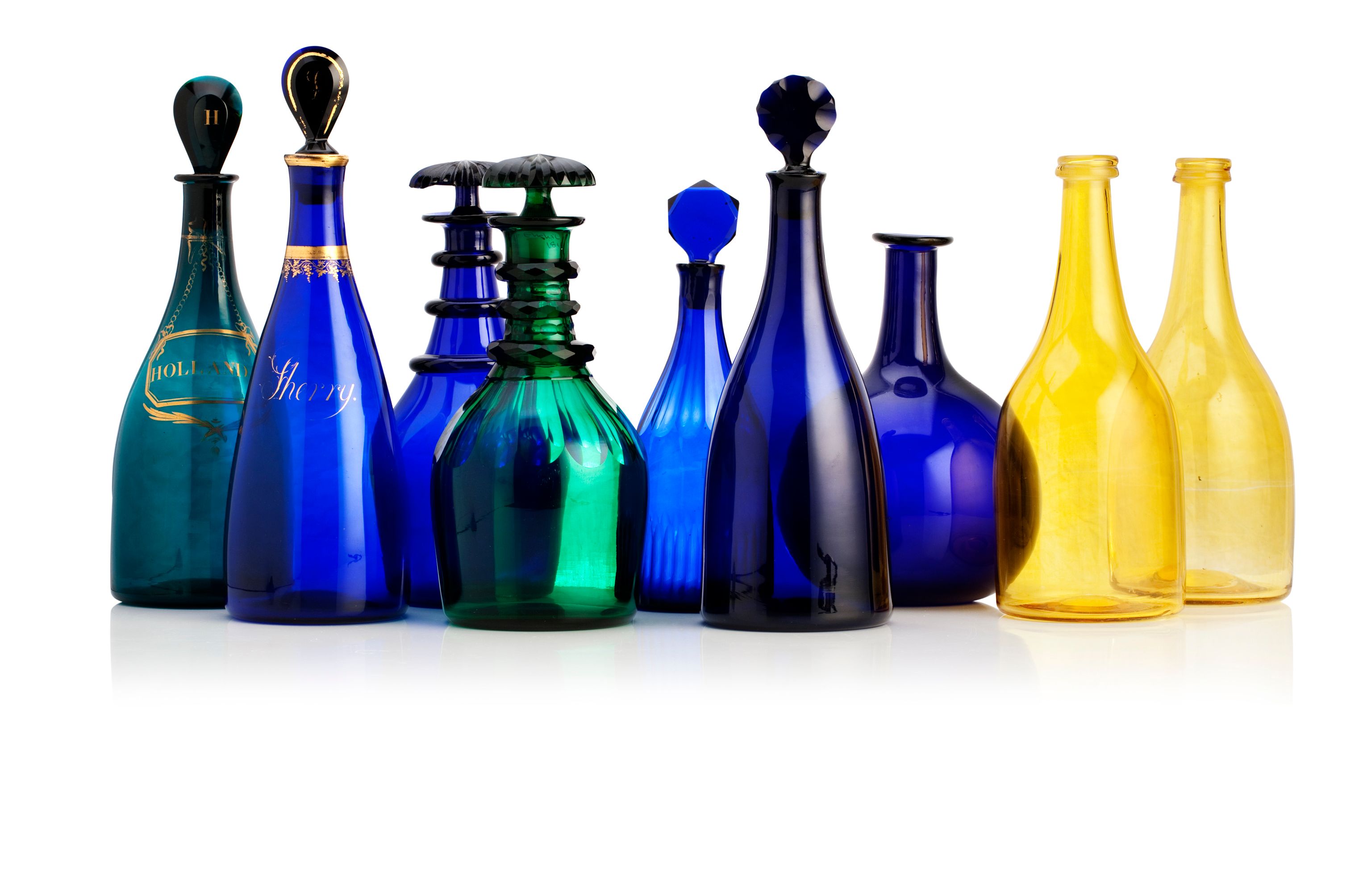 Bonhams : A collection of nine various coloured glass decanters 18th ...