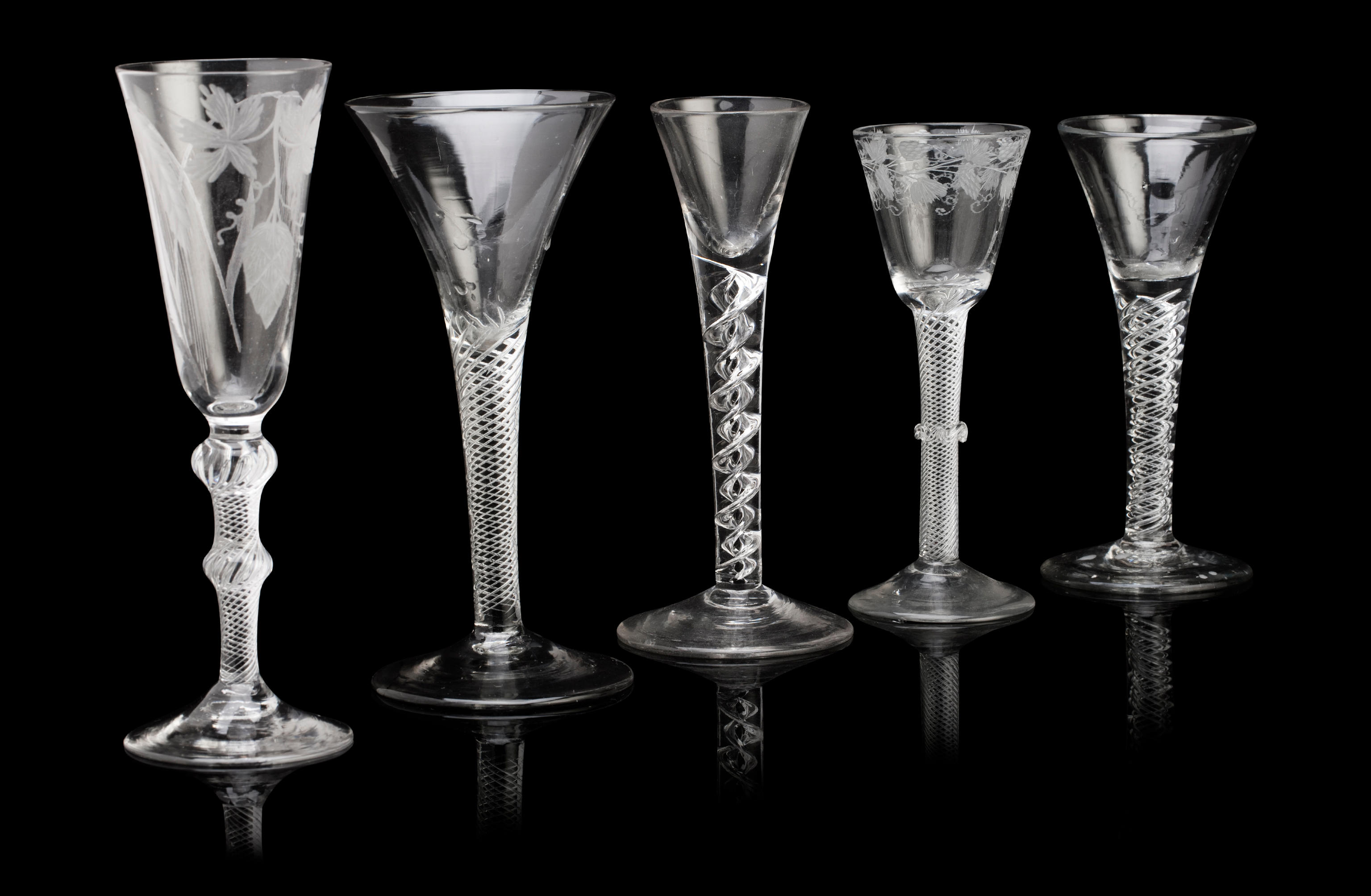 Bonhams Five Air Twist Glasses 18th Century