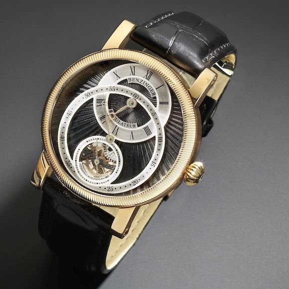 Bonhams : Benzinger. An 18K rose gold manual wind wristwatch Regulateur ...
