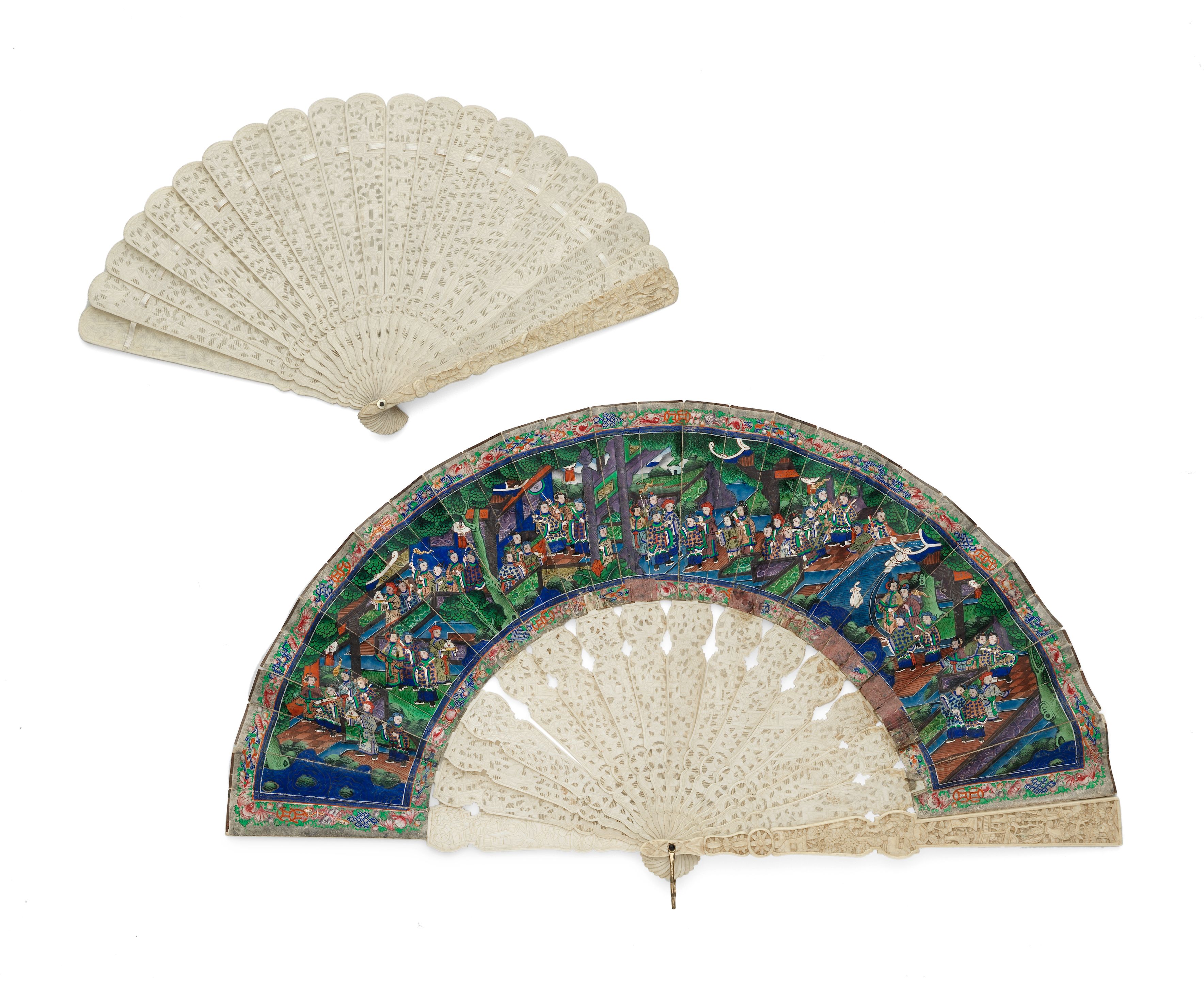 Bonhams : A Chinese ivory brisé fan and a painted ivory fan 19th ...