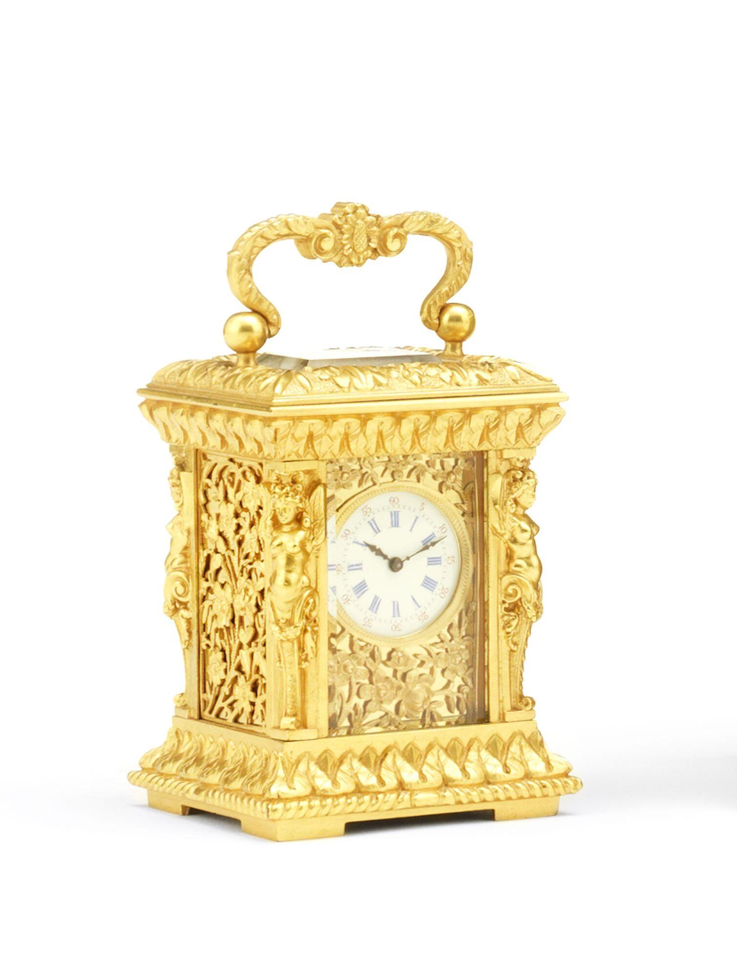 Bonhams : A good late 19th century French gilt brass 'caryatid' carriage timepiece Numbered 2356