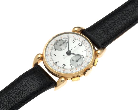 Bonhams : Landeron. An 18K rose gold manual wind chronograph wristwatch