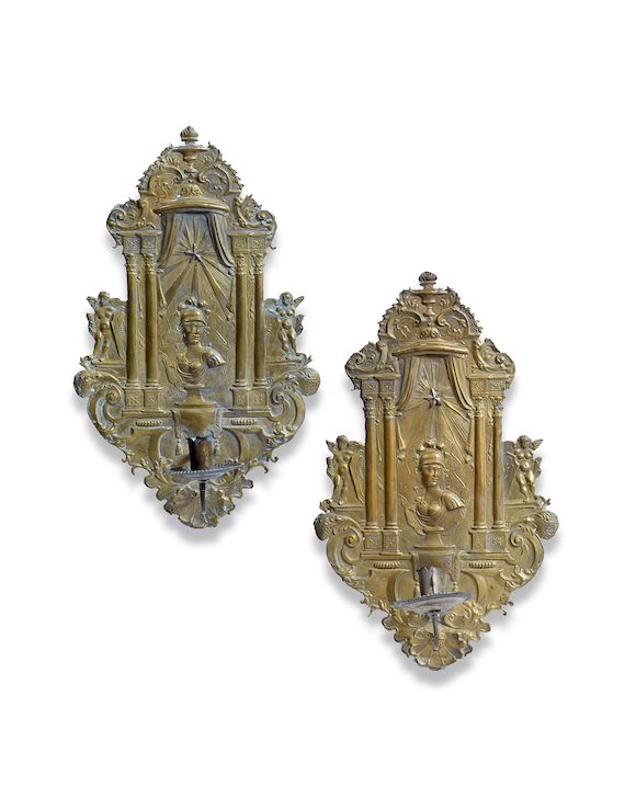 Bonhams : A large pair of late 17th/early 18th sheet brass wall sconces ...