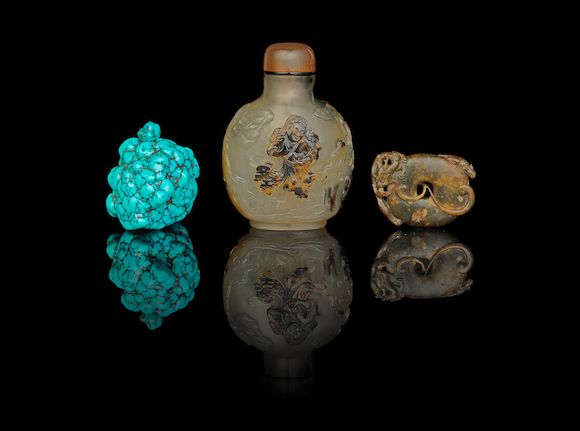 Bonhams : A turquoise matrix snuff bottle and a large shadow agate ...