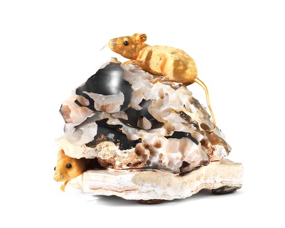 Bonhams : An alabaster rock adorned with two gold mice