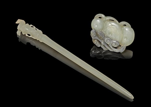 Bonhams : A green jade hairpin and a two-tone jade carving of mushrooms ...