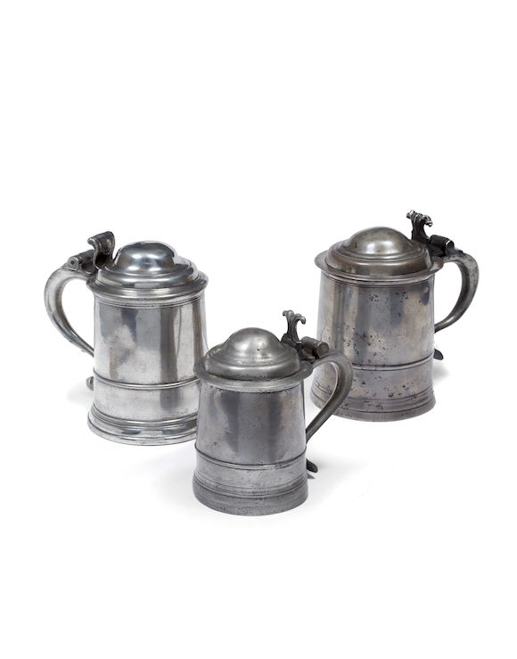 Bonhams : Three early 18th century pewter dome-lidded tankards, English ...