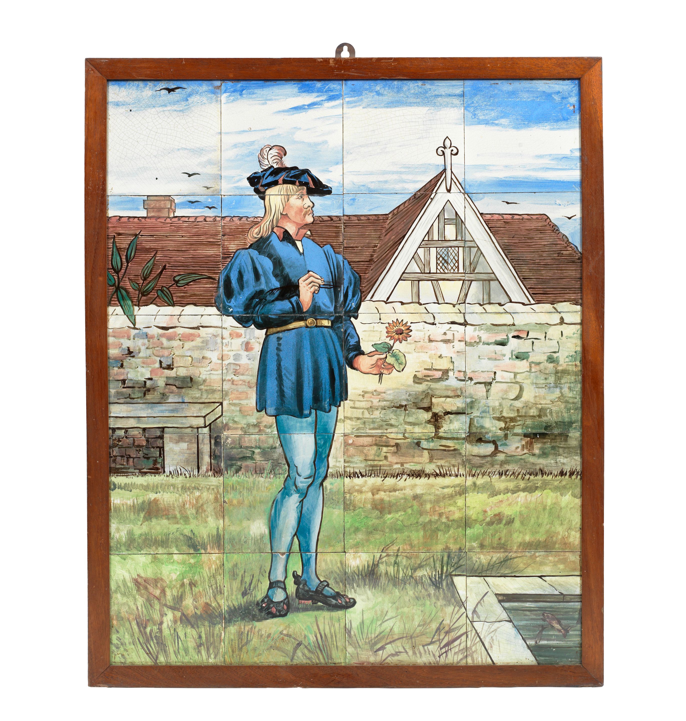 Bonhams : a pair of framed minton tile panels with medieval courting ...