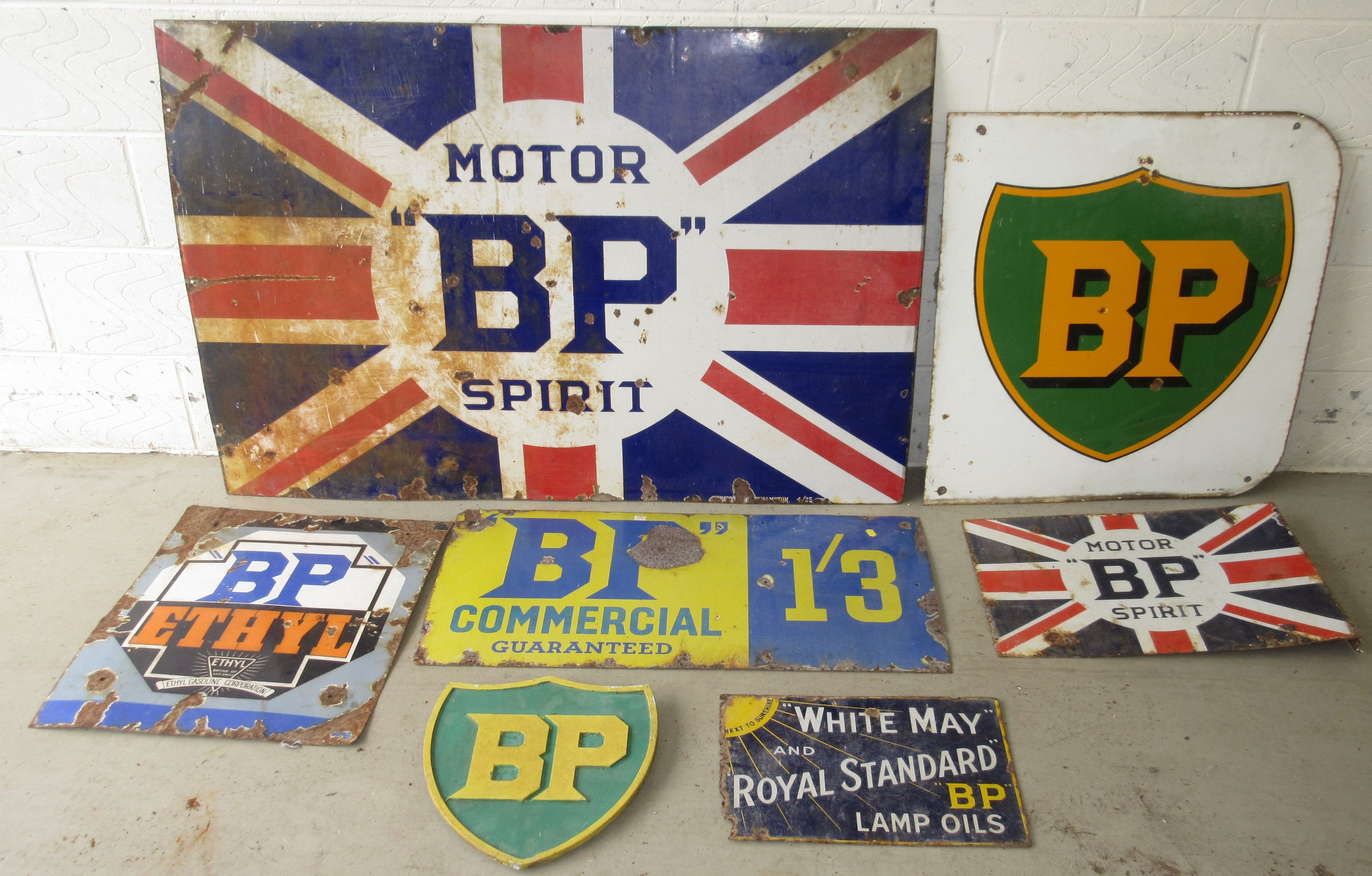 Bonhams Cars : Assorted British Petroleum enamel advertising signs, ((7))