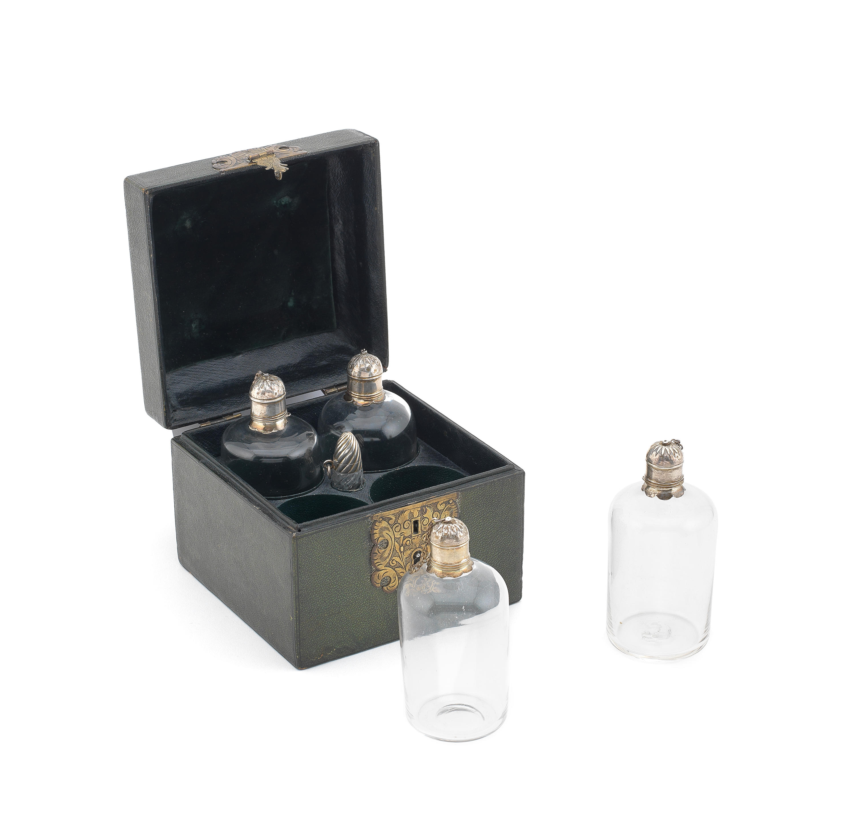 Bonhams Four 18th Century Cased Silver Mounted Glass Bottles Unmarked