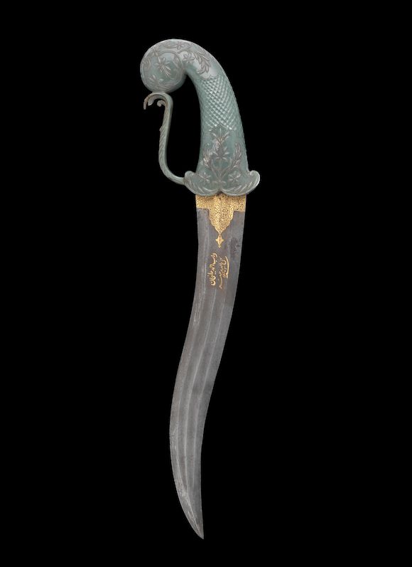 Bonhams : A jade-hilted dagger with blade inscribed to 'Nawwab Ahmad ...