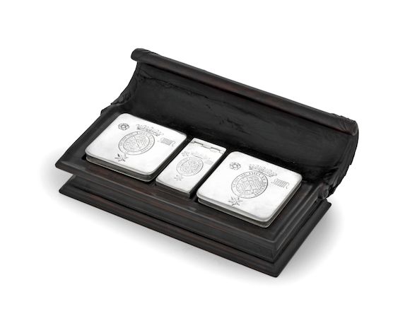 Bonhams : A Georgian desk set with two unmarked silver ink pots and ...