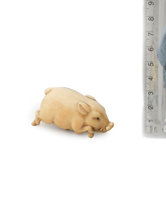 Bonhams : An ivory netsuke of a galloping wild boar By Okatomo, Kyoto ...