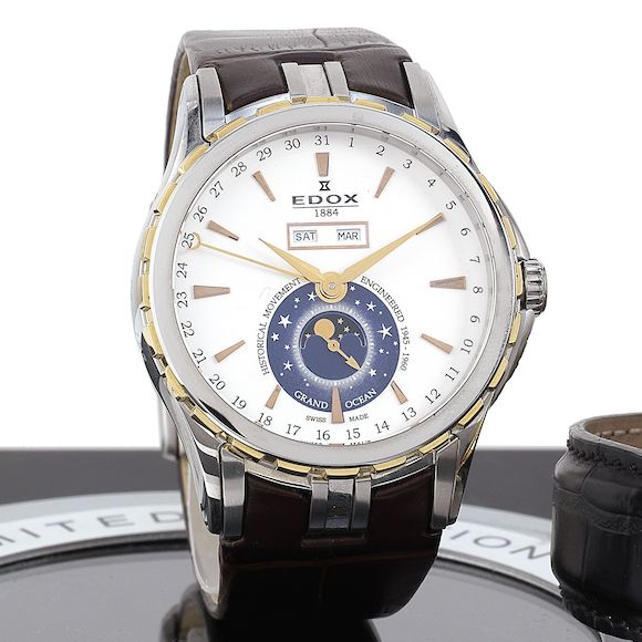 Bonhams : Edox. A steel and gold manual wind triple calendar wristwatch ...