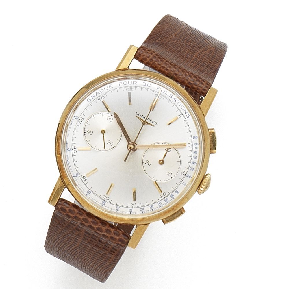 Bonhams : Longines. An 18K gold manual wind chronograph wristwatch with pulsation scale Case No ...