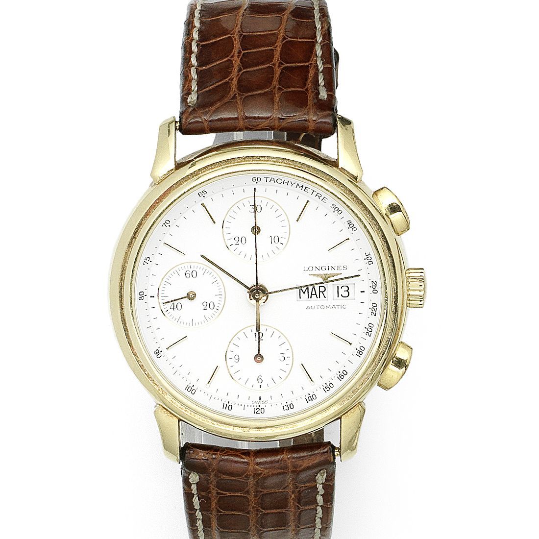 Bonhams : Longines. An 18K gold automatic calendar chronograph ...