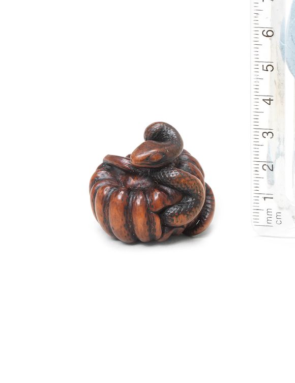 Bonhams : A wood netsuke of a snake on a pumpkin By Yoshimasa, Nagoya ...