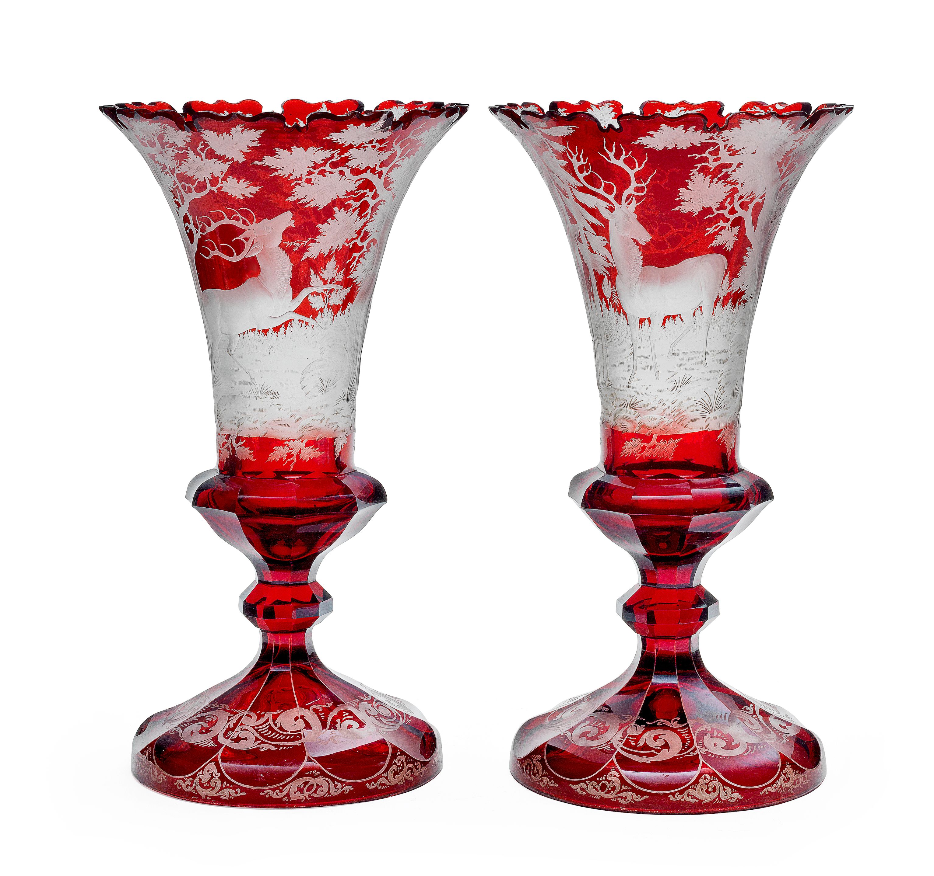 Bonhams : A pair of Bohemian ruby-stained vases, circa 1840-60