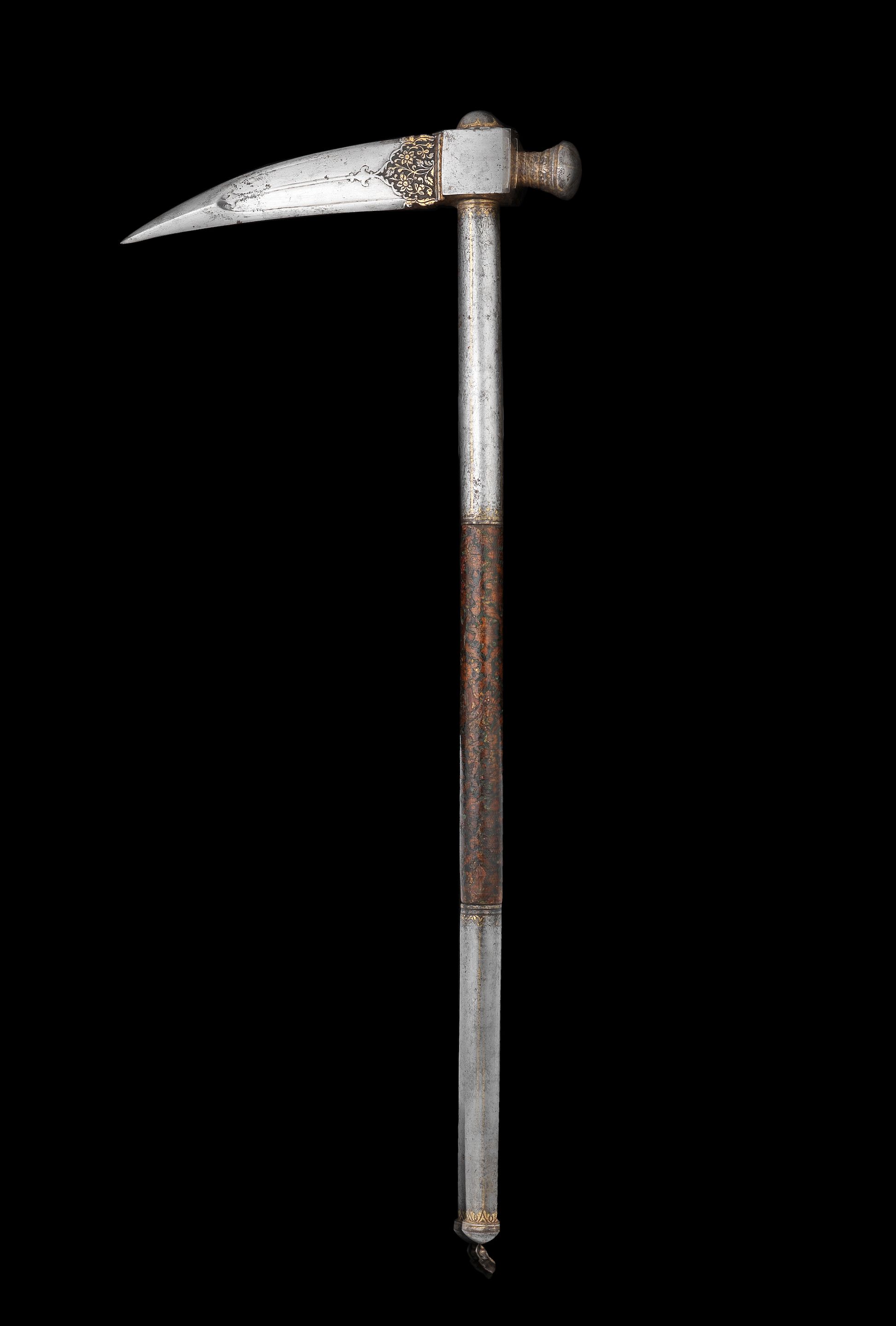 Bonhams : A gold damascened steel zaghnal with lacquered wood haft ...