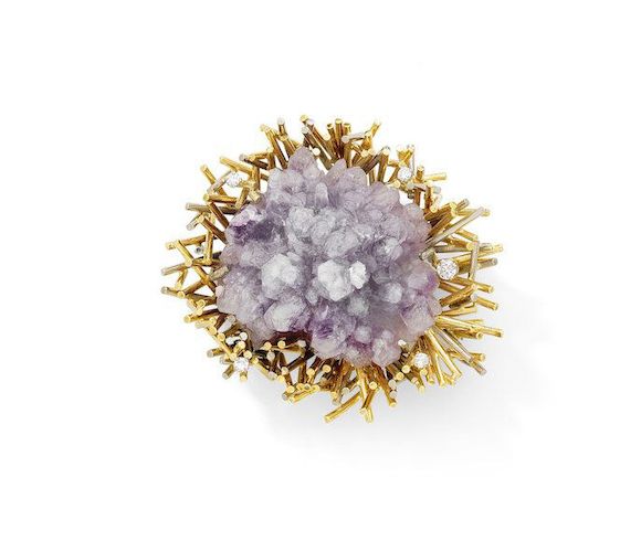 Bonhams : An amethyst crystal and diamond brooch/pendant, by Gillian ...