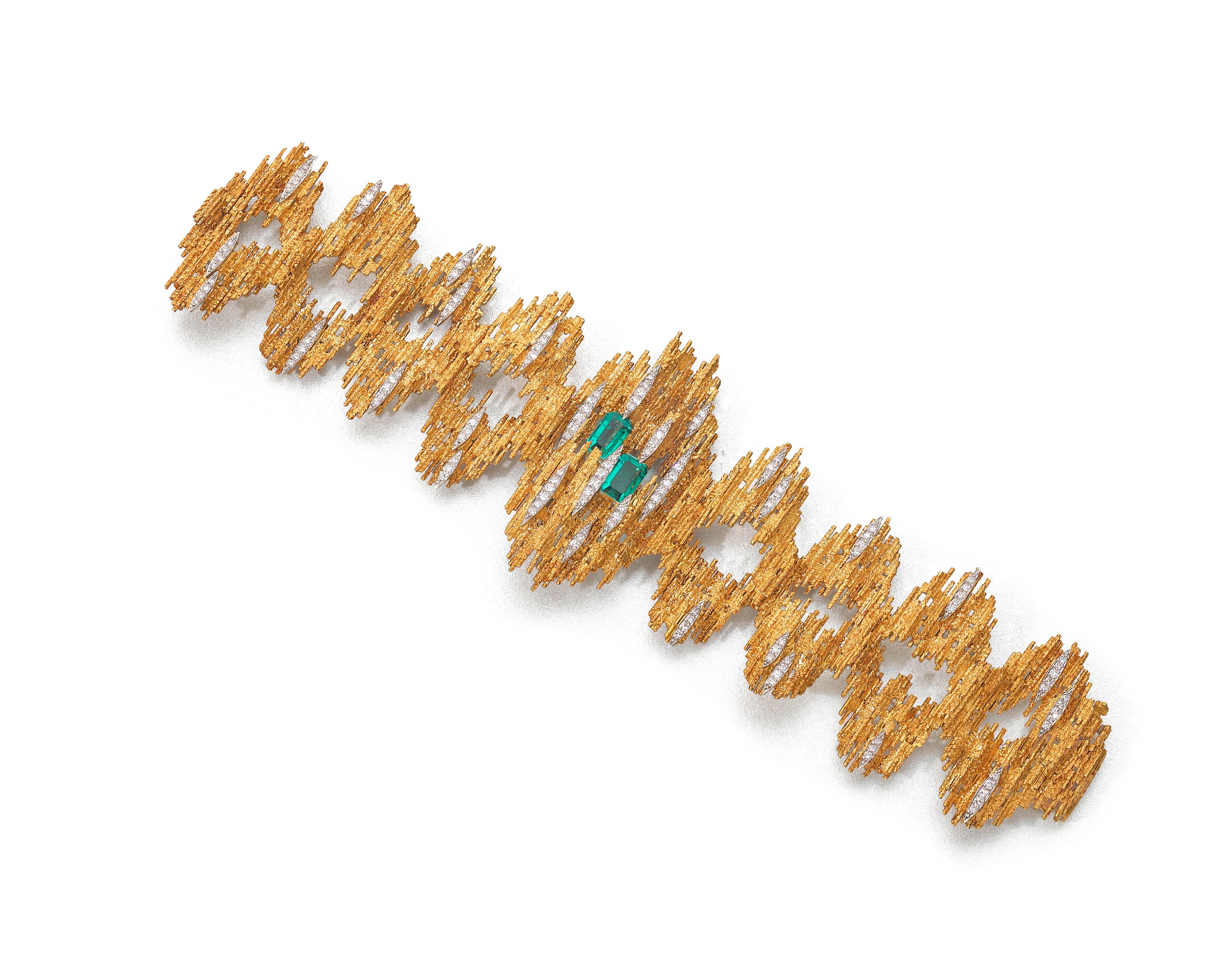 Bonhams : A gold, diamond and emerald 'textured wire' bracelet, by Andrew Grima,