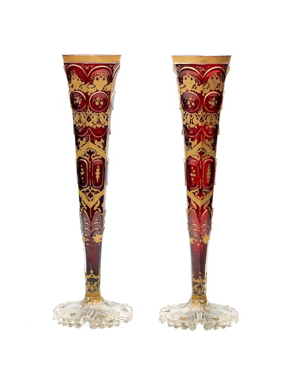 Bonhams : A pair of large Bohemian ruby-stained trumpet vases, circa ...