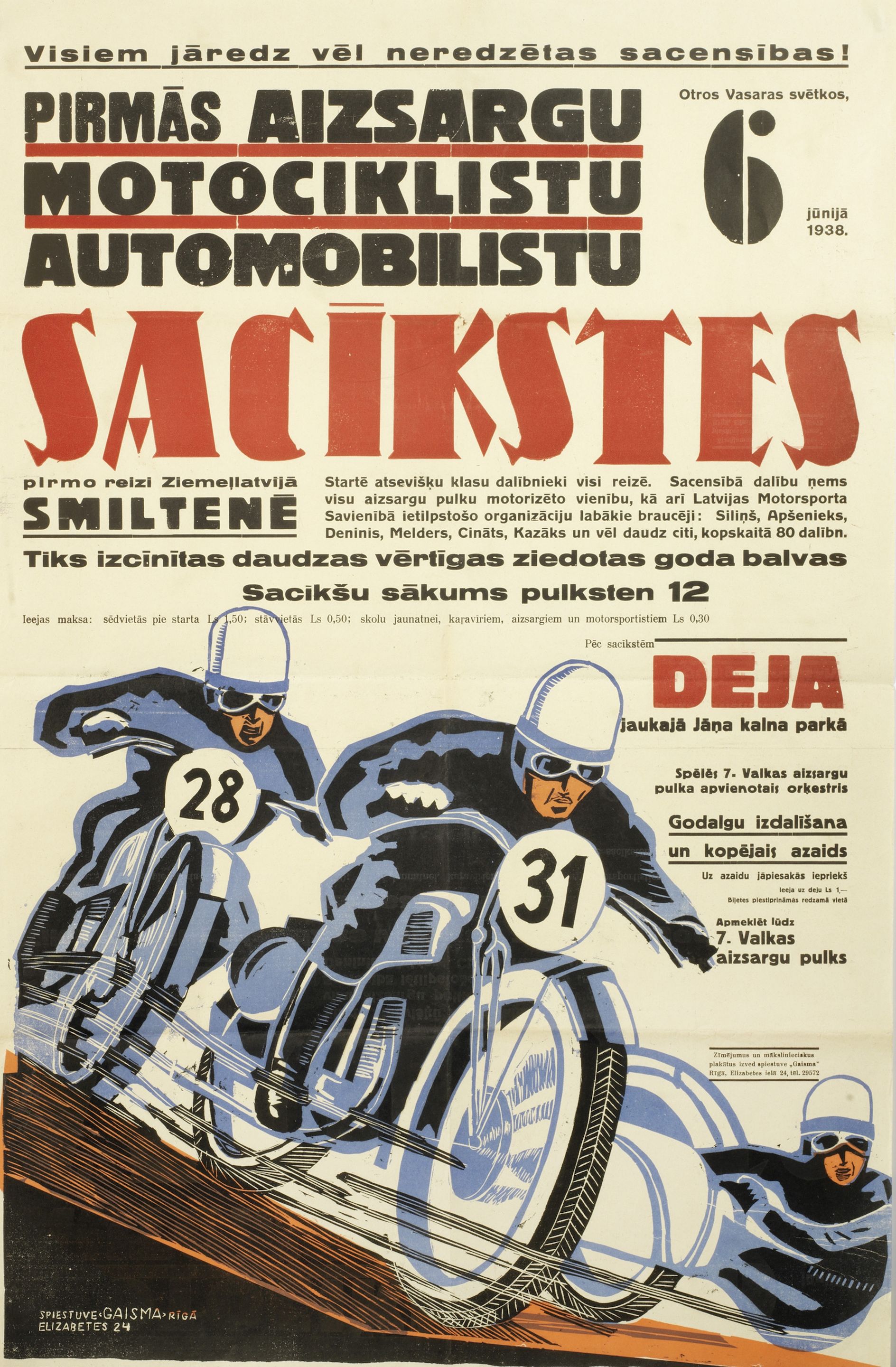 Bonhams Cars : A 1938 Latvian motorcycle rally poster,