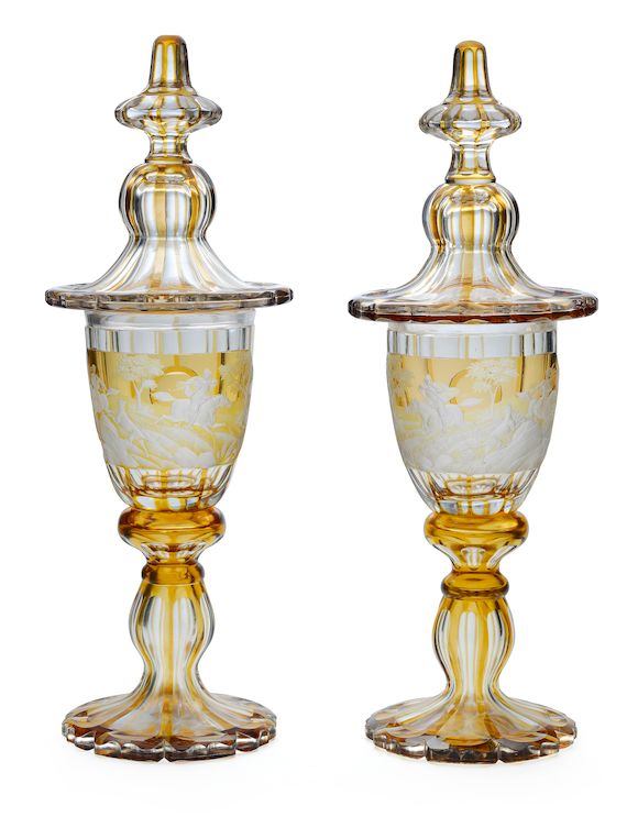 Bonhams : A massive pair of Czechoslovakian amber-stained goblets and ...