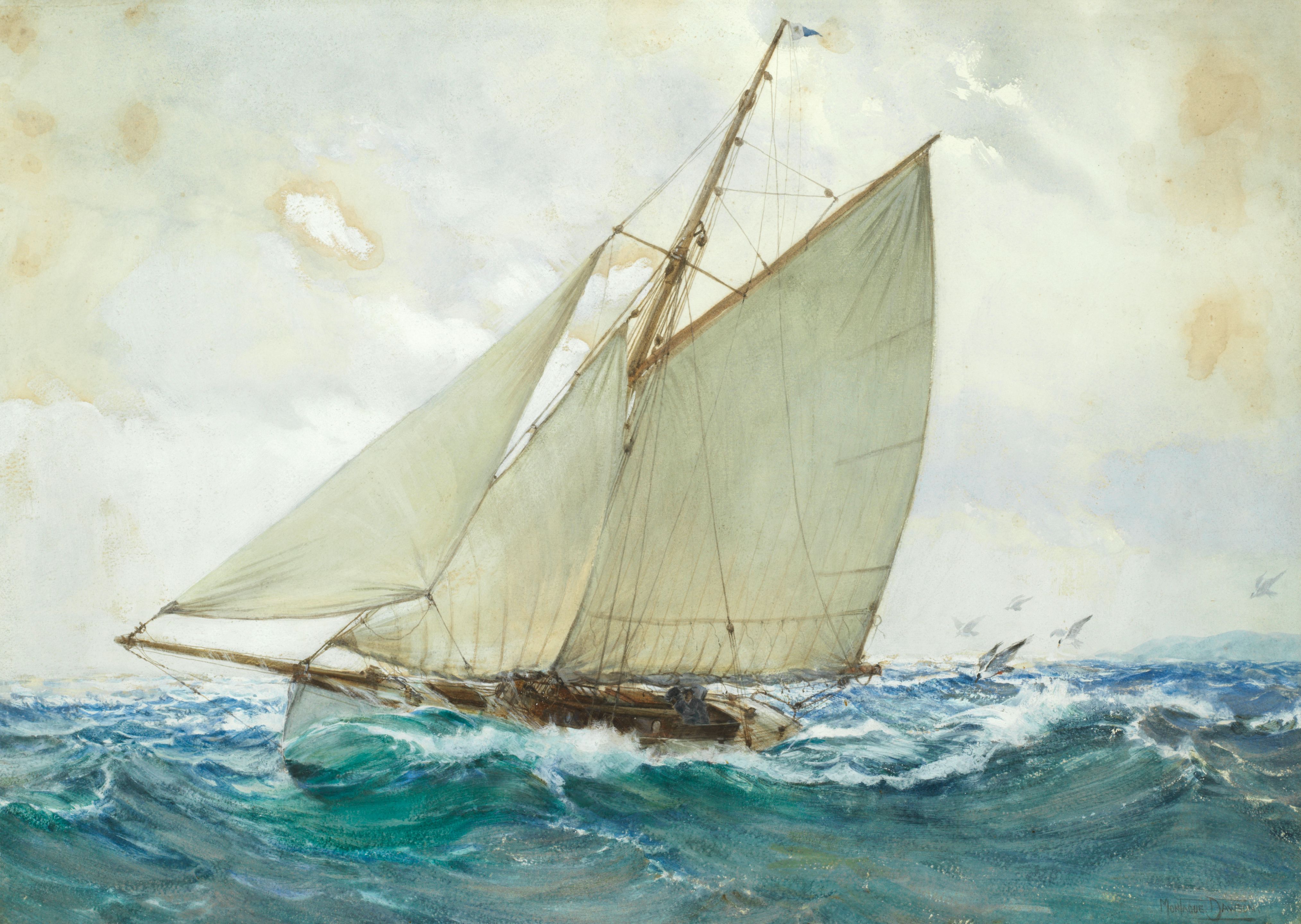 Bonhams : Montague Dawson (British, 1890-1973) Billowing Waves a gaff ...