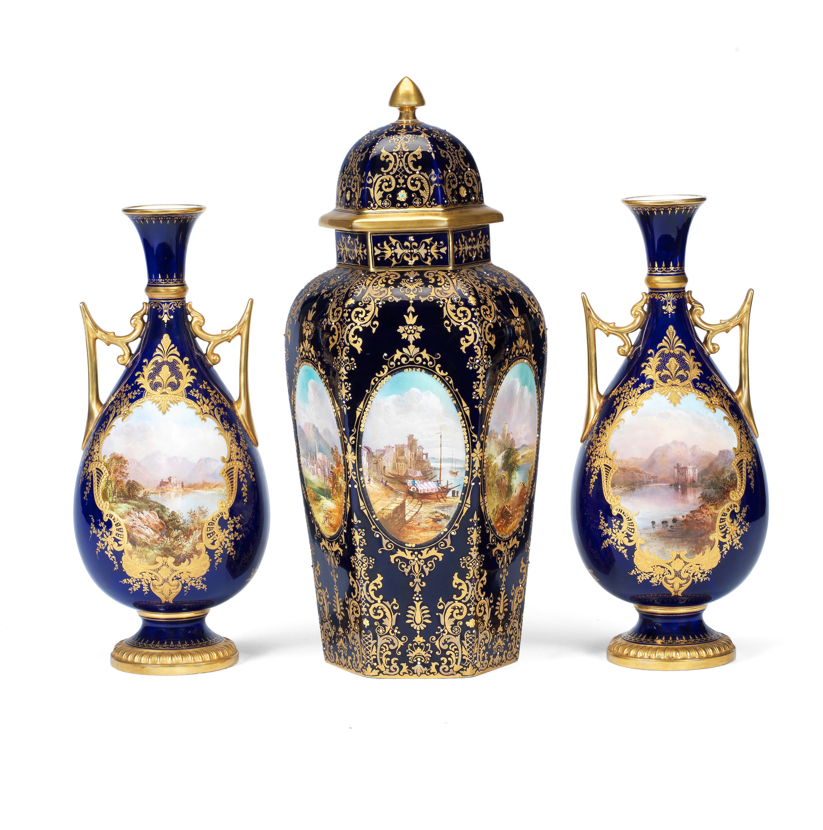 Bonhams : A rare Coalport hexagonal vase and cover and a pair of ...