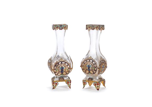 Bonhams : A pair of late 19th French champleve mounted glass vases the ...