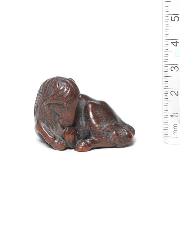 Bonhams : A fine wood netsuke of a horse By Ikkan (1817-1893), Nagoya ...