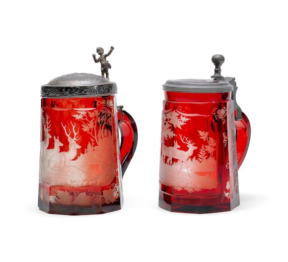 Bonhams : Two Bohemian ruby-stained hunting tankards, one with silver ...