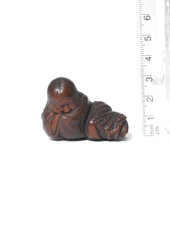 Bonhams : A wood netsuke of a shojo By Tadatoshi, Nagoya, Edo period ...