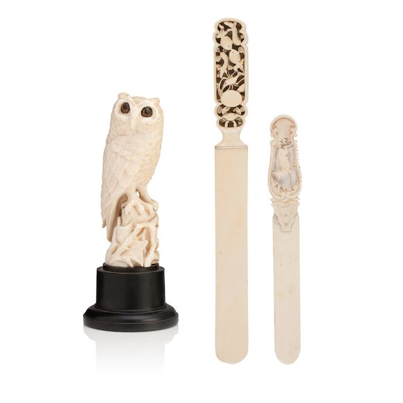 Bonhams : A 19th century carved ivory figure of an owl,
