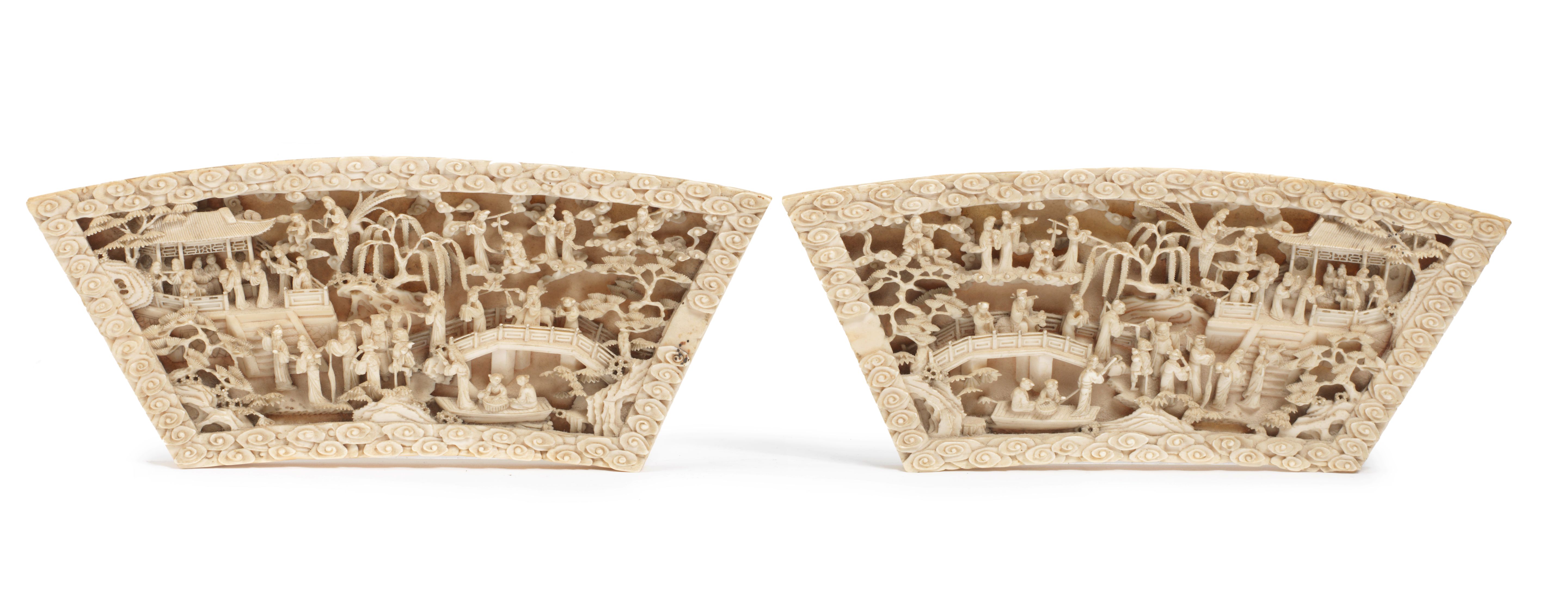 Bonhams : Two deeply carved fan-shaped ivory plaques 19th century (2)