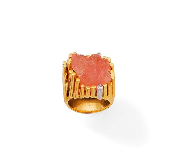 Bonhams : A rose quartz and diamond set ring, by Gillian Packard,