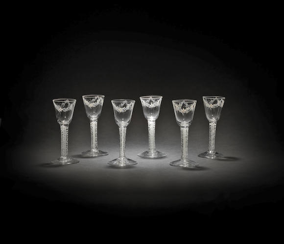 Bonhams A Set Of Six Beilby Enamelled Wine Glasses Circa 1765