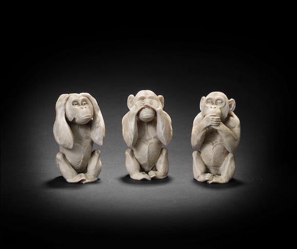 Bonhams : Three ivory okimono of the sanbiki no saru (The Three Apes ...