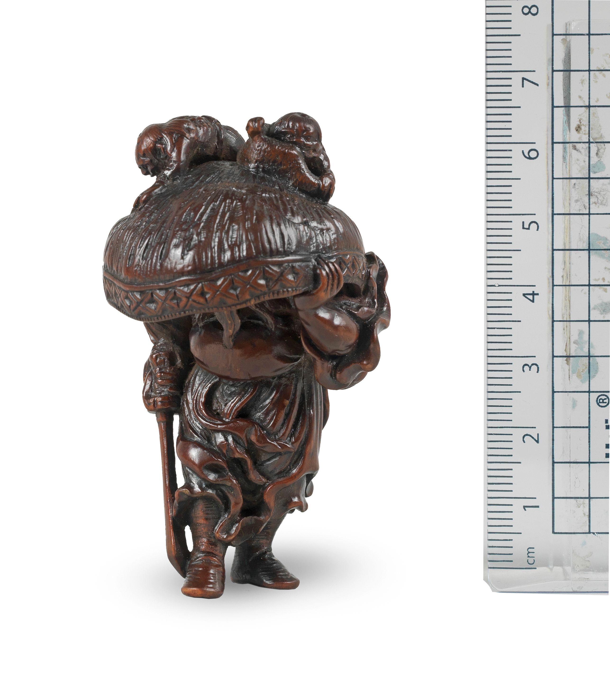 Bonhams : A wood netsuke of shoki with two Oni Edo period (1615-1868 ...