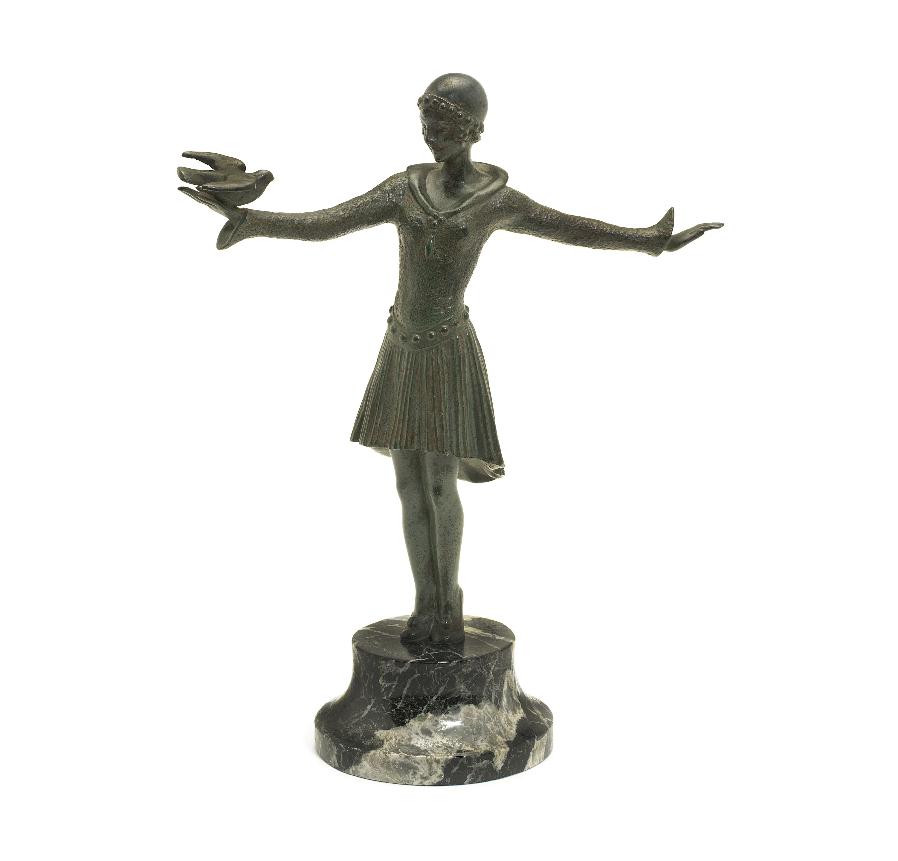 Bonhams : a rare art deco patinated bronze model of a woman with bird ...
