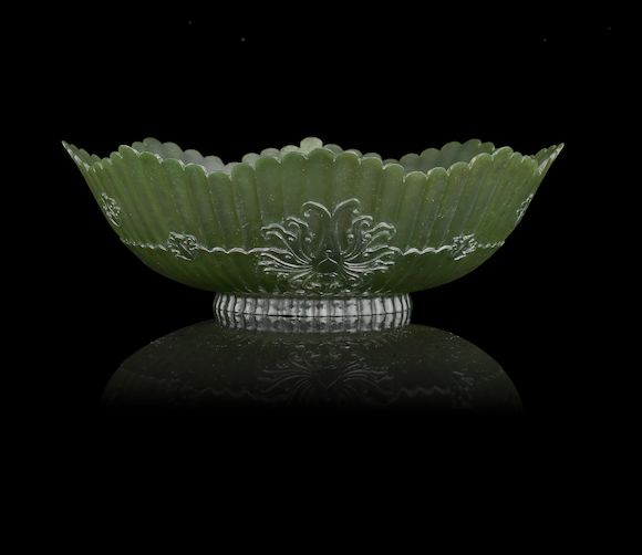 Bonhams : A spinach green jade fluted bowl (2)