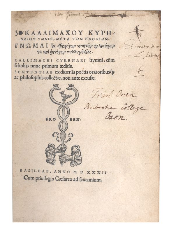 Bonhams : GREEK PRINTING CALLIMACHUS. Opera, 1532; ARRIAN. Opera, 1533 ...