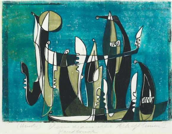 Bonhams : Lill Tschudi (Swiss, 1911-2004) Venetian Rhythm I Linocut printed in colours, on ...