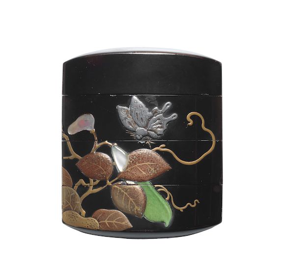 Bonhams : An inlaid black-lacquer three-case inro By Chohei, Edo period ...